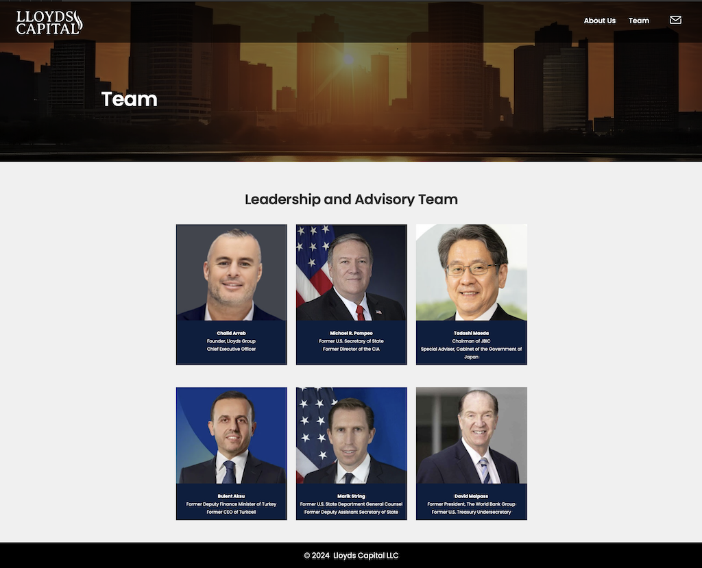 Lloyds Capital のウェブサイト（ 9月11日。 www.lloydscapital.com ）。上段左から、CEOのChalid ...